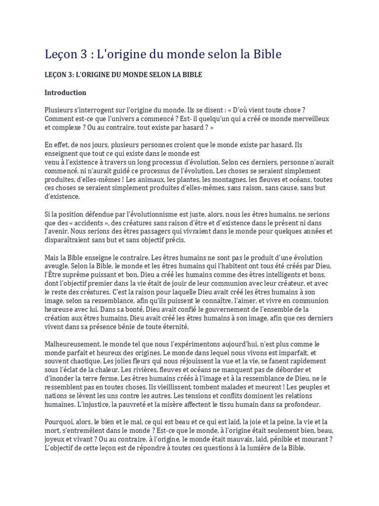 Origine du monde selon la Bible | PDF | Création (Bible) | Péché originel