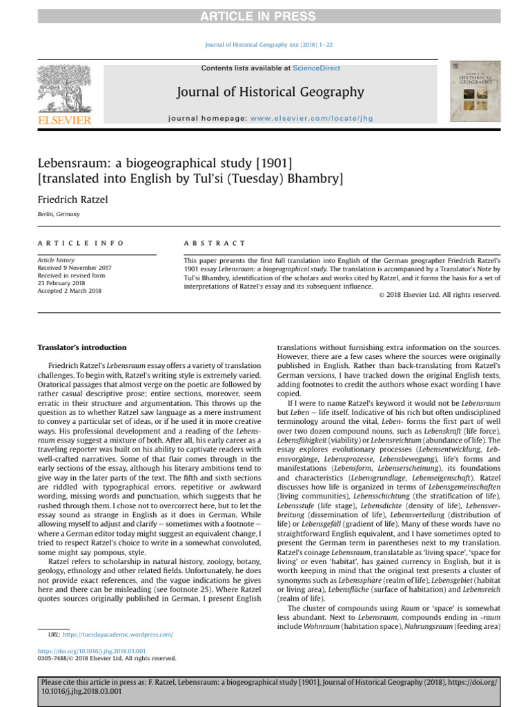 Journal of Historical Geography: Friedrich Ratzel | PDF | Earth ...
