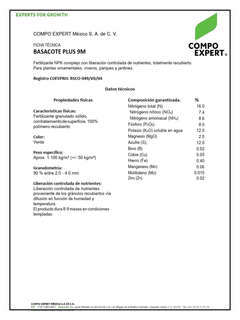 Ficha Técnica Basacote Plus 9M | PDF | Fertilizante | Conjuntos de ...