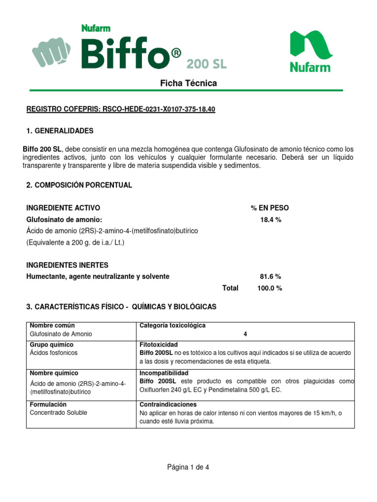 Ficha Técnica de Biffo 200 SL | PDF | Residuos | Agua
