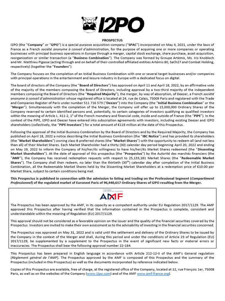 Prospectus Fusion - I2PO DEEZER | PDF | Equity (Finance) | Balance Sheet