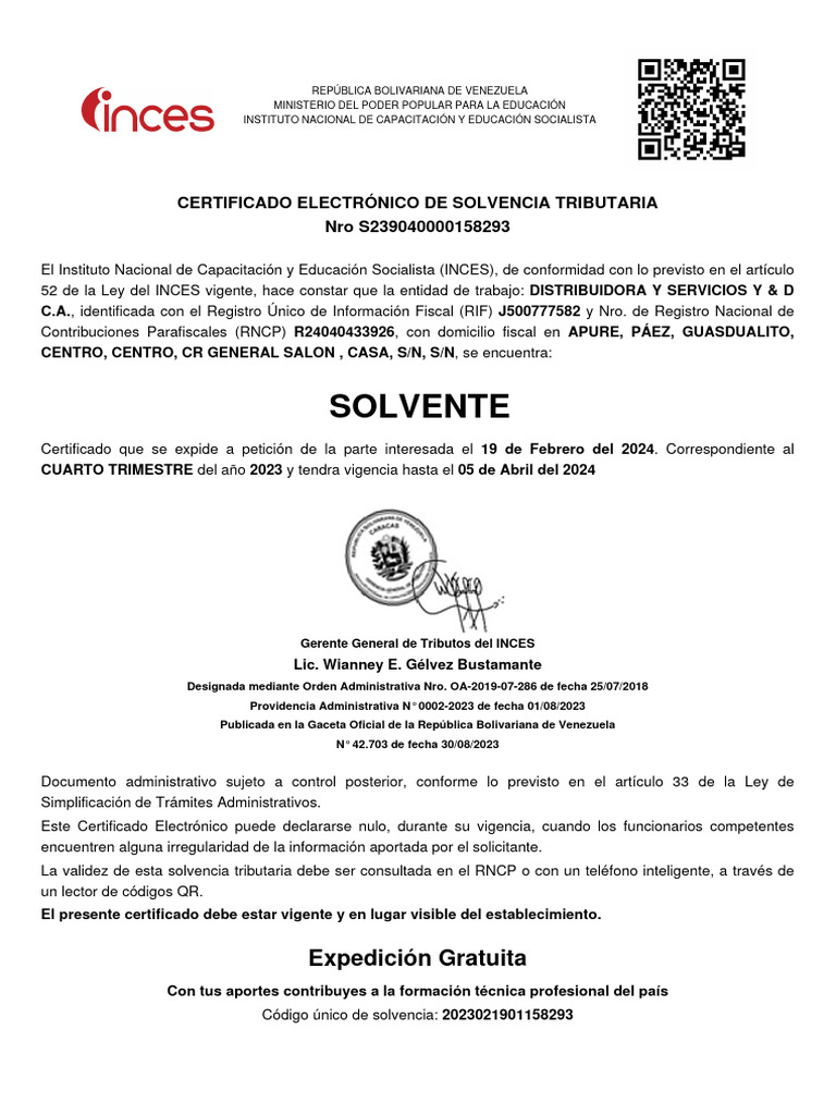 Certificado de Solvencia Tributaria INCES | PDF | Finanzas y dinero