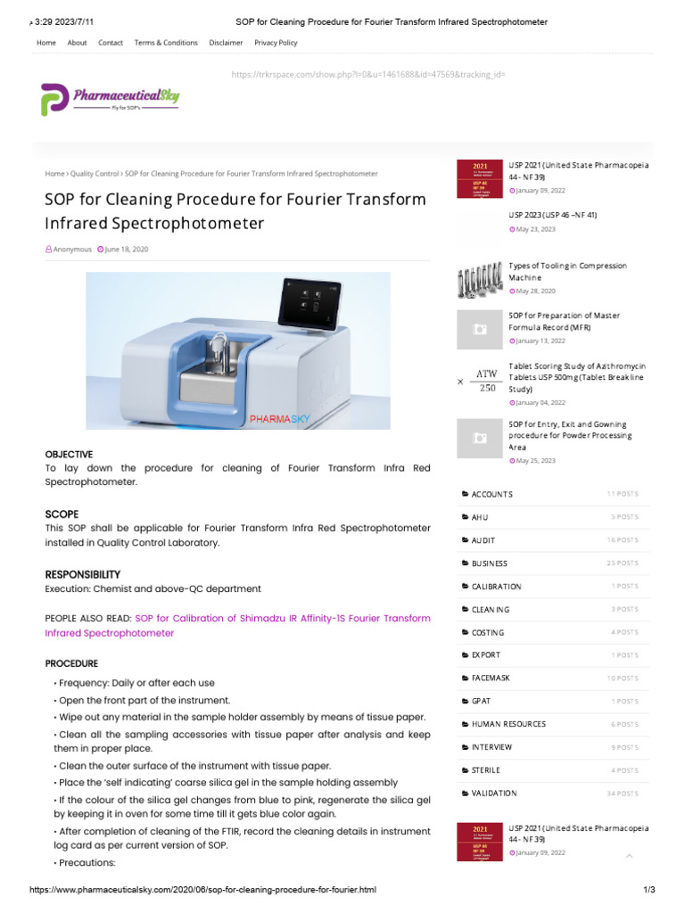 SOP For Cleaning Procedure For Fourier Transform Infrared Spectrophotometer | PDF