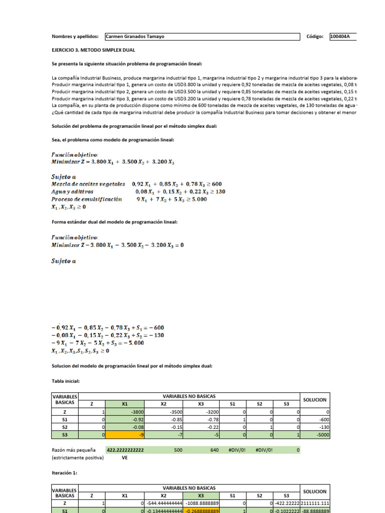 Ejercicio 3 - Metodo Simplex Dual - Tarea 1 | PDF