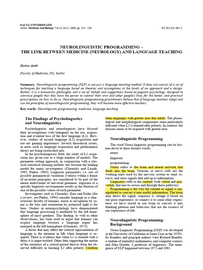 The Link Between Neurology and Language Teaching | Download Free PDF | Neuro Linguistic ...