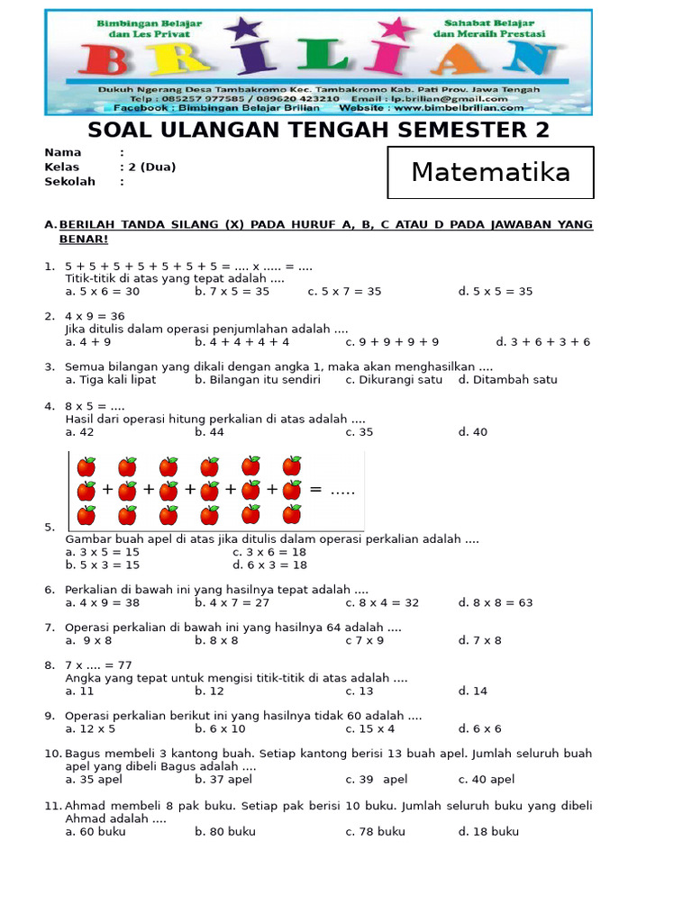 Soal UTS Matematika Kelas 2 SD Semester 2 (Genap) Dan Kunci Jawaban | PDF | Metode & Bahan Ajar