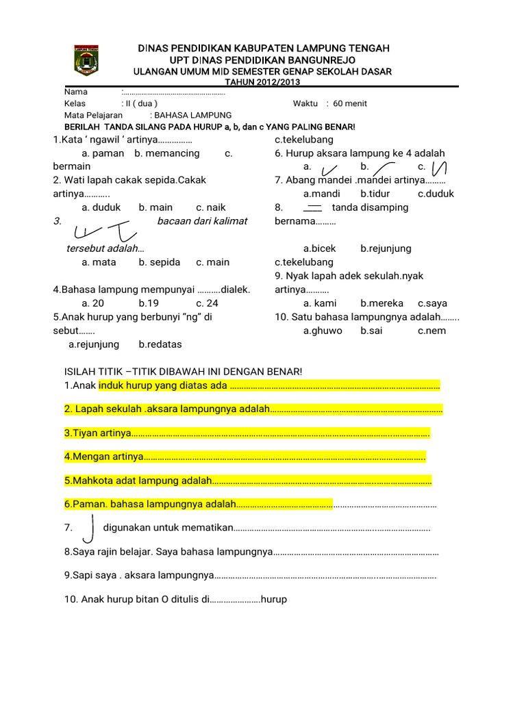 Ulangan Mid Semester Bahasa Lampung SD | PDF | Seni & Disiplin Bahasa
