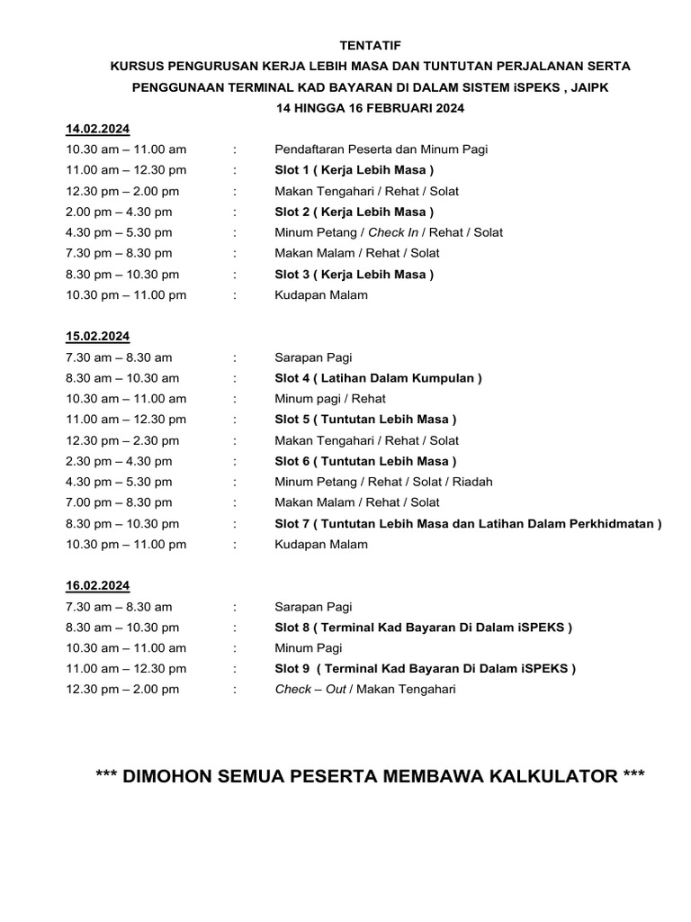 Tentatif Kursus Ot TNT Terminal | PDF | Memasak, Makanan, & Anggur ...