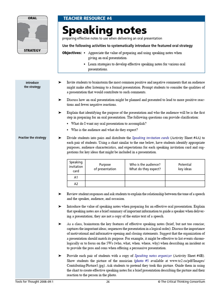 Speaking Notes: Teacher Resource #4 | PDF | Public Speaking | Rubric ...
