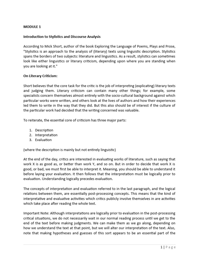 Module 1 Stylistics And Discourse Analysis Pdf Linguistics Semantics