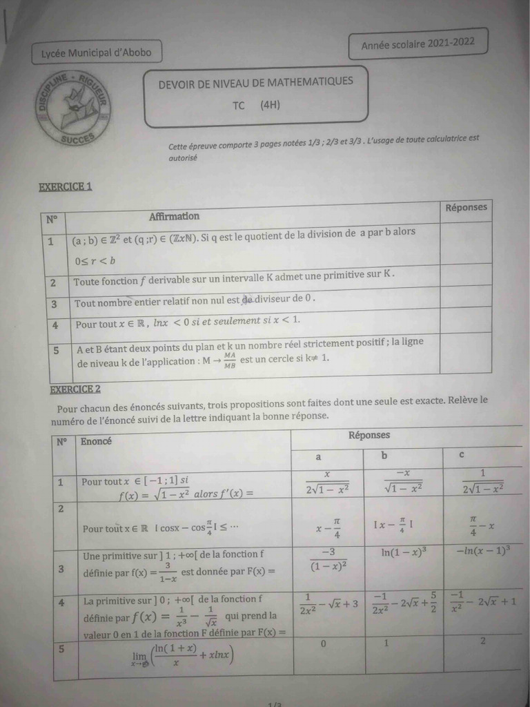 Devoir de Niveau Maths Tle C Lycée Municipal Abobo | PDF