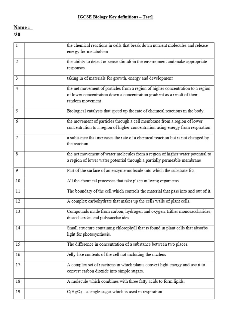 Key Definition Test 1 | PDF | Cell (Biology) | Carbohydrates