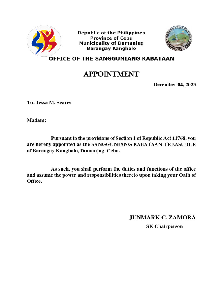 Appointment-LETTER TREASURER - KANGHALO | PDF