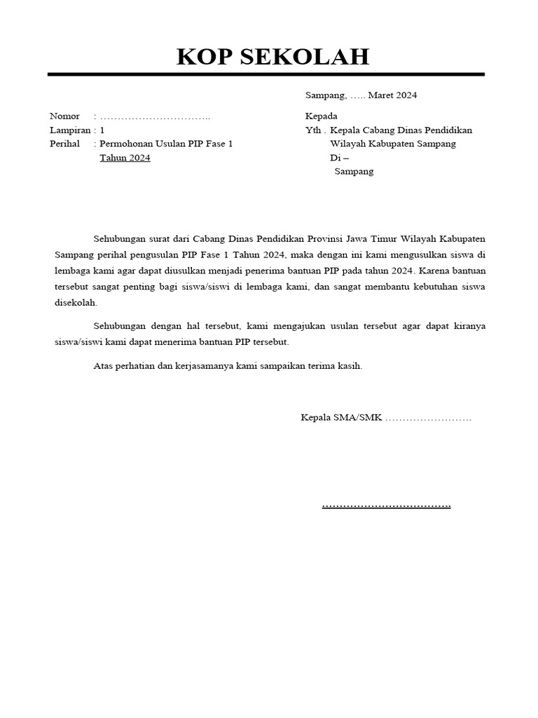 Contoh Surat Permohonan Usulan PIP 2024 | PDF