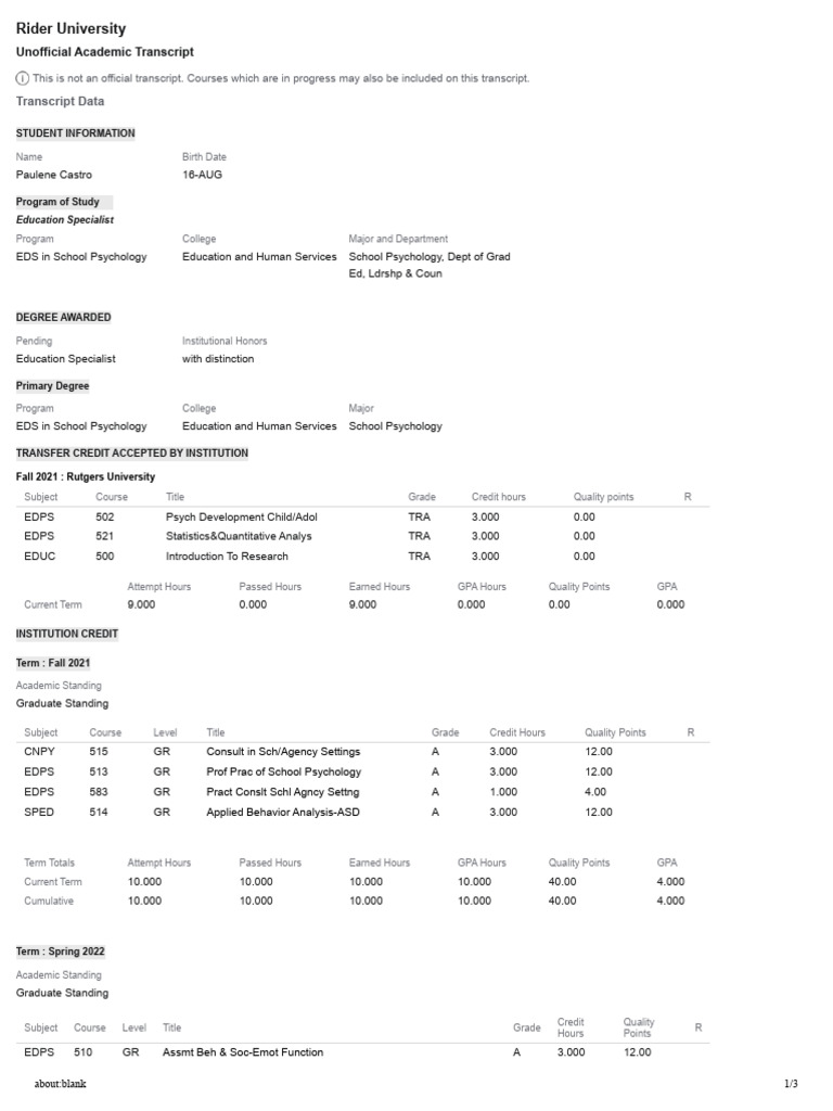 Transcript Data | Download Free PDF | Course Credit | Behavioural Sciences