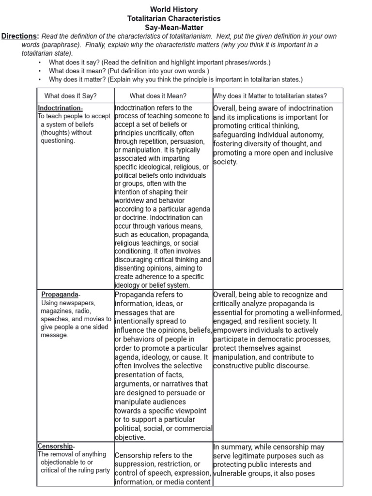 Totalitarianism Say-Mean-Matter (Students) | PDF | Authoritarianism ...