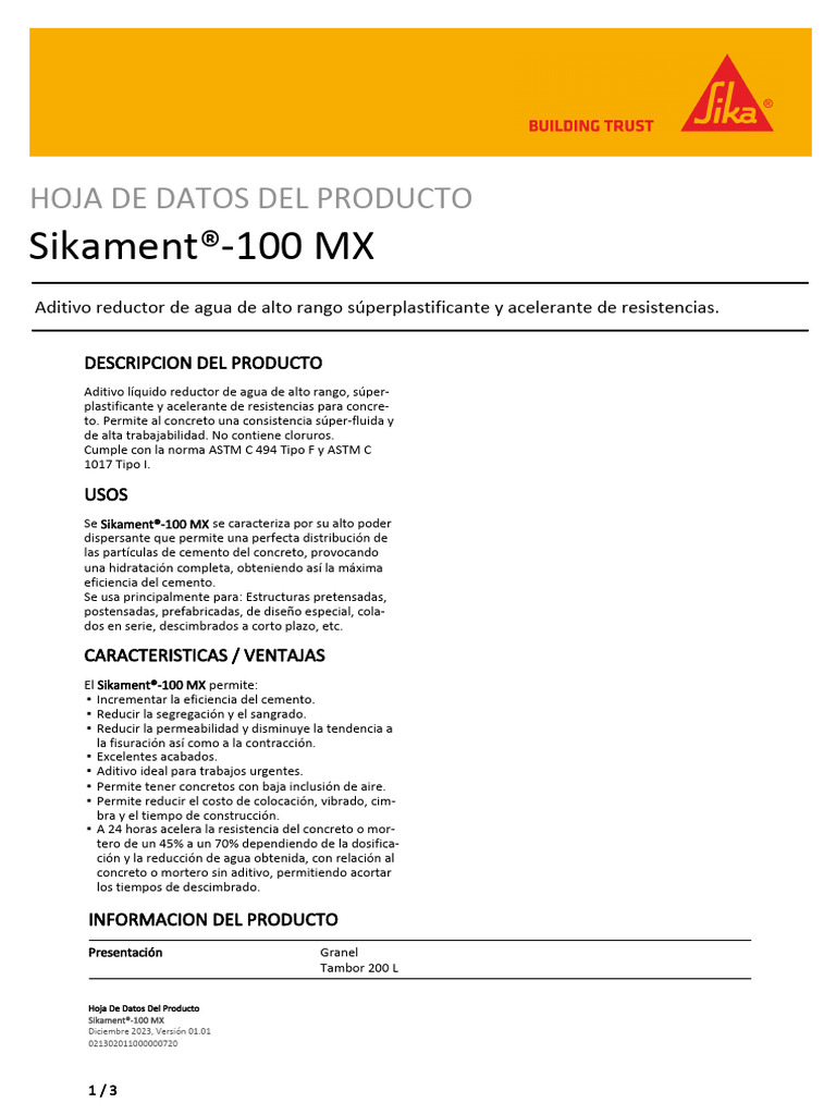 Sikament 100 MX | PDF | Hormigón | Cemento