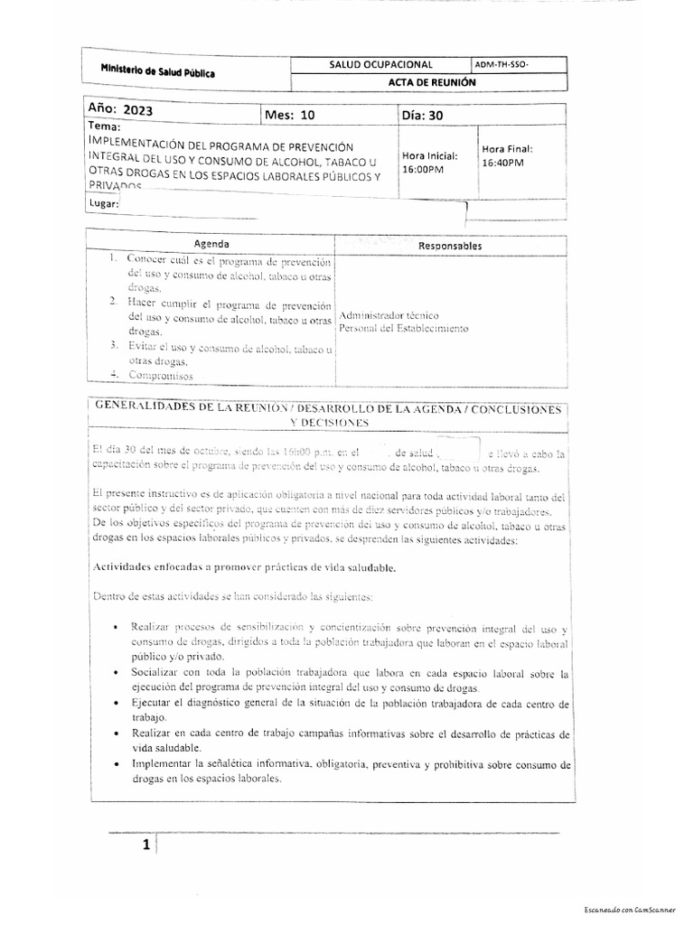 Implementacion Del Programa de Prevención Integral Del Uso y Consumo de Alcohol Tabajo | PDF