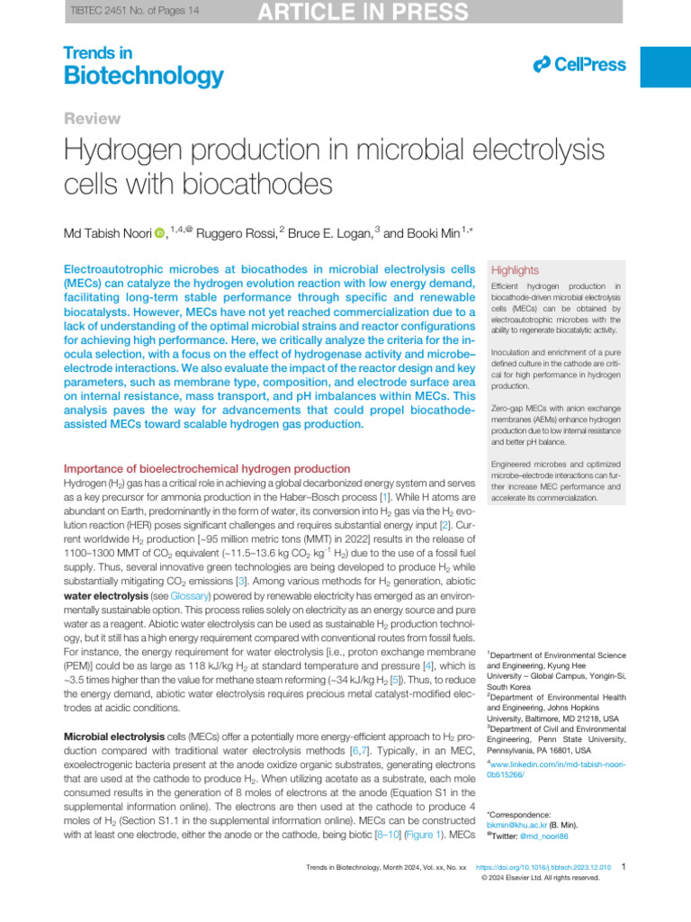 Hydrogen Production in Microbial Electrolysis Cells With Biocathodes ...