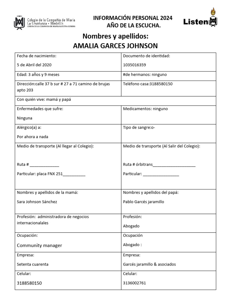 Información Personal de Amalia Garces | PDF | Documento de identidad