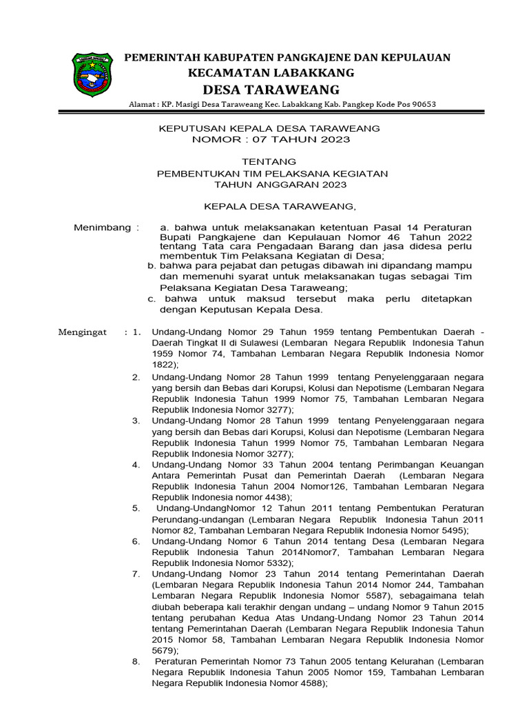 Lampiran SK TPK PBJ Desa | PDF