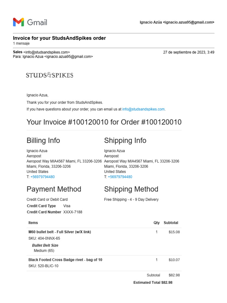 Gmail - Invoice For Your StudsAndSpikes Order | PDF | Retail Financial ...
