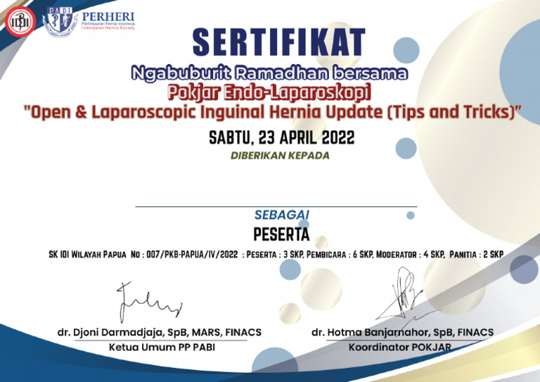 E-Certificate - POKJAR - ENDO - LAPARSKOPI - Dr. Reza Akmal, SPB | PDF