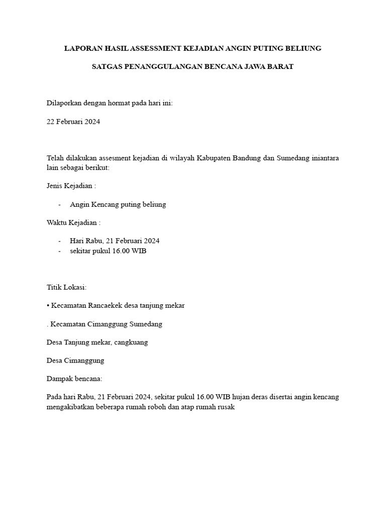 Laporan Hasil Assessment Kejadian Angin Puting Beliung | PDF