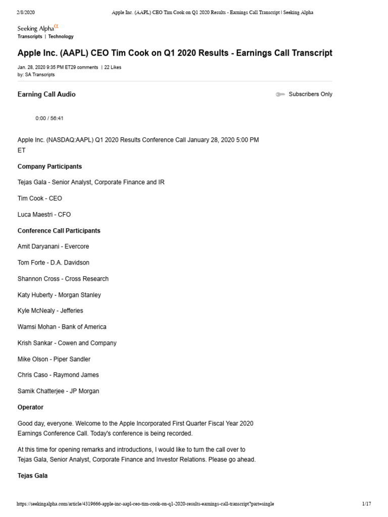 Apple Inc. (AAPL) CEO Tim Cook On Q1 2020 Results - Earnings Call Transcript - Seeking Alpha ...