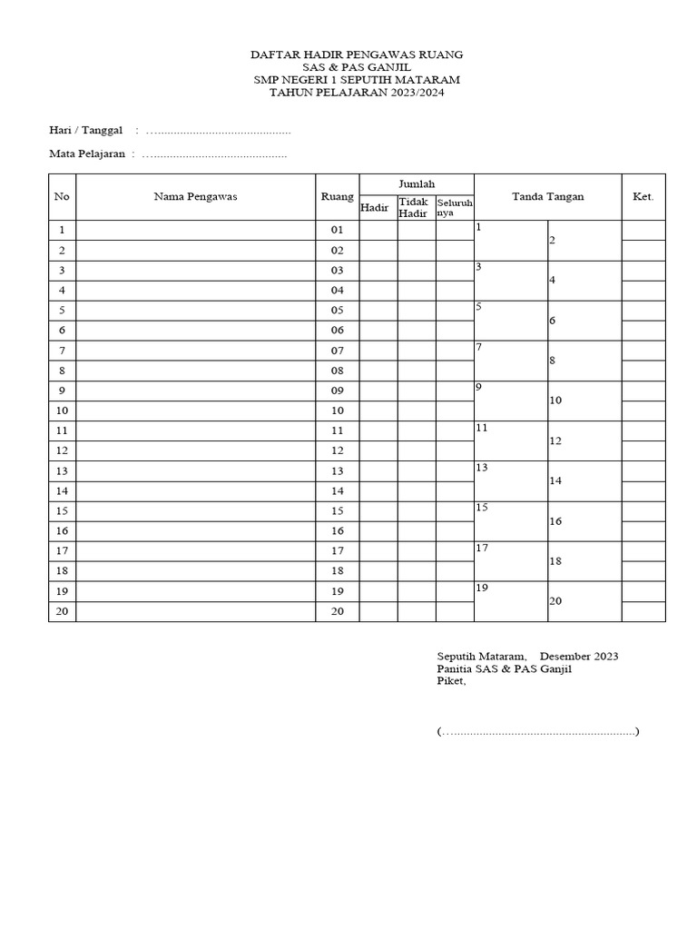 Daftar Hadir Pengawas | PDF