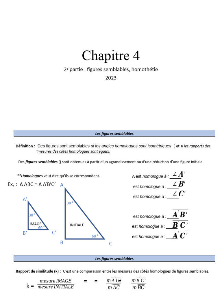 Chapitre 4 (2e Partie) Figures Semblables, Homothétie | PDF | Géométrie ...