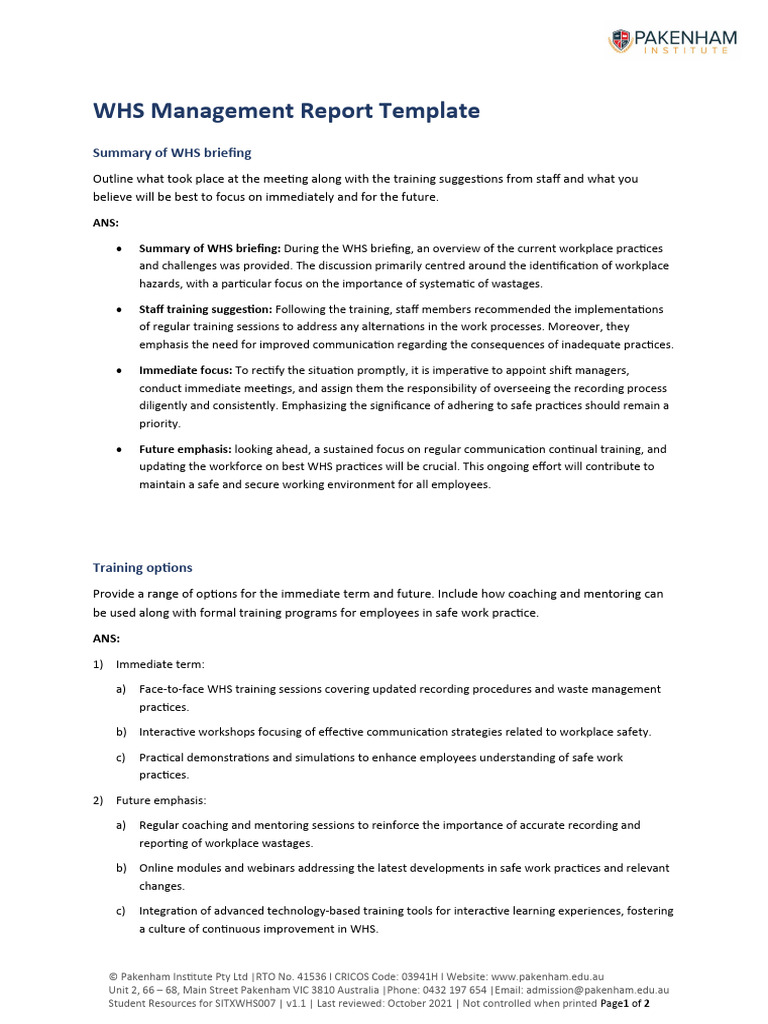 WHS Management Report Template | PDF | Regulatory Compliance | Mentorship