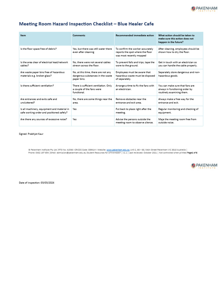 SITXWHS007 Meeting Room Hazard Inspection Checklist[6498] | PDF | Waste ...