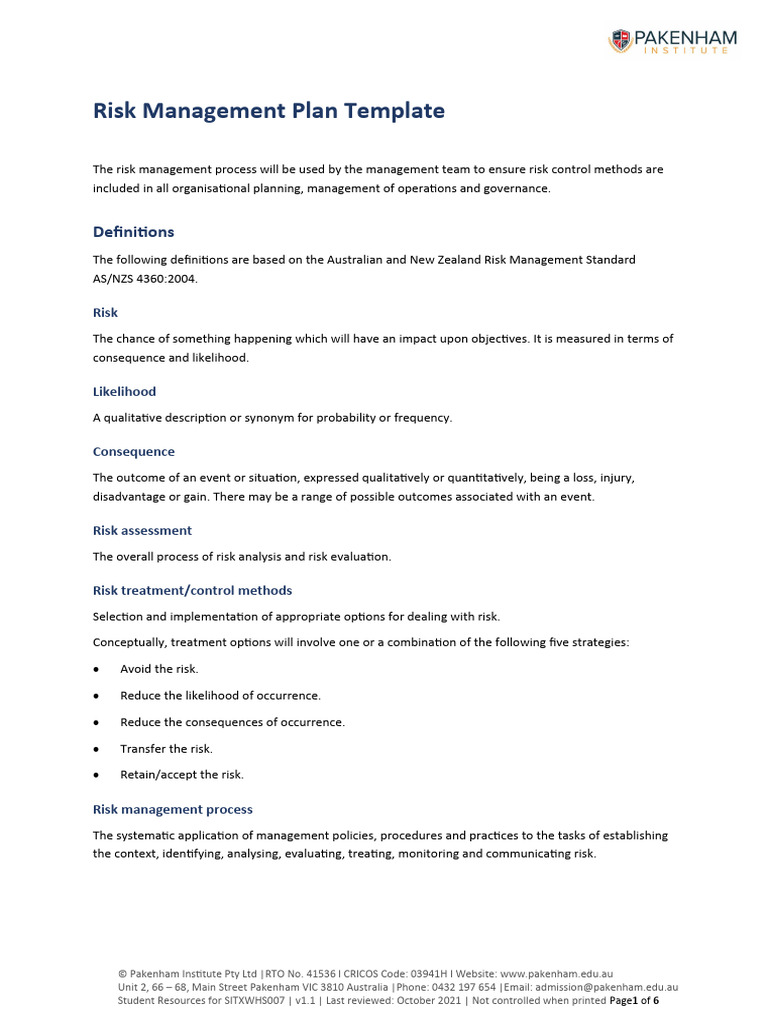 SITXWHS007 Risk Management Plan Template (6506) | PDF | Risk | Risk ...