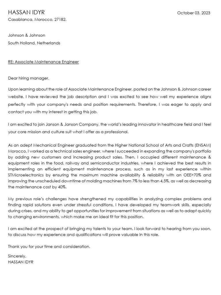 Cover Letter J&J | PDF