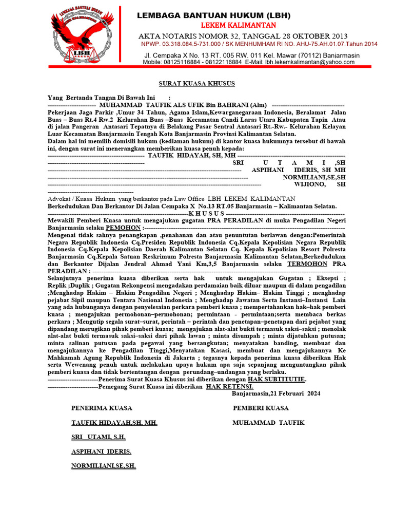 Surat Kuasa Khusus LBH Lekem Kalimantan | PDF