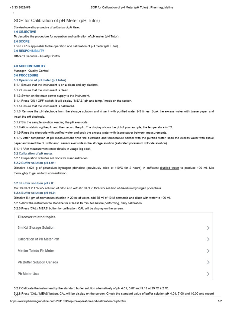 SOP For Calibration of PH Meter (PH Tutor) - Pharmaguideline | PDF | Ph | Chemistry