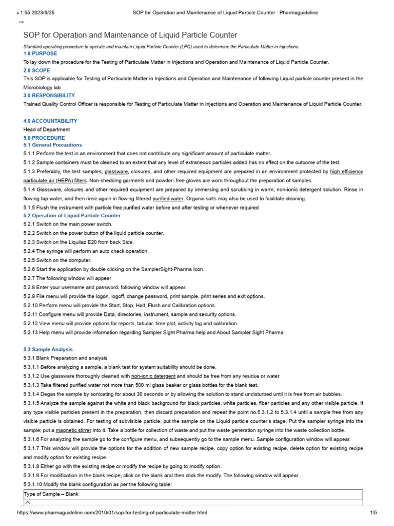 SOP For Operation and Maintenance of Liquid Particle Counter ...