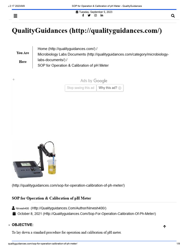 Sop For Operation And Calibration Of Ph Meter Qualityguidances Pdf