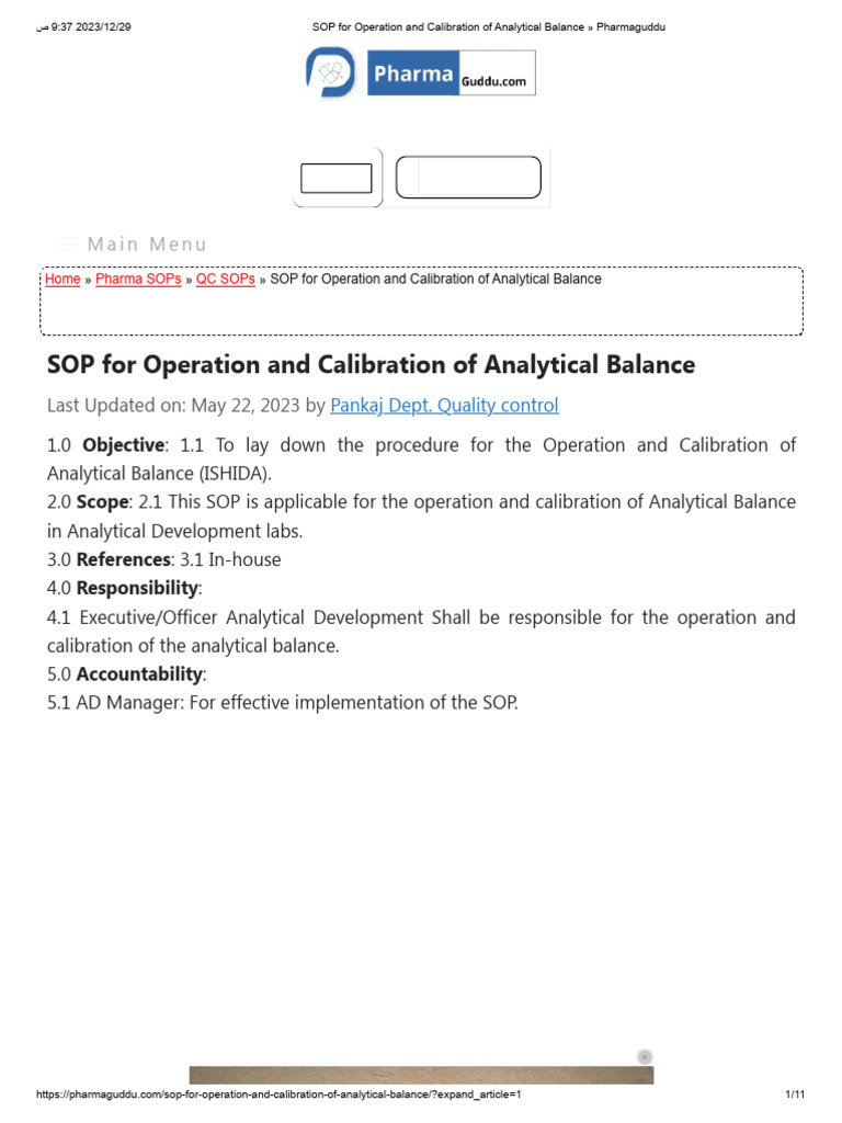 SOP For Operation and Calibration of Analytical Balance Pharmaguddu ...