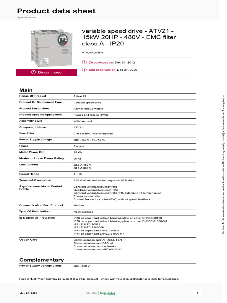 ATV21 Variable Speed Drive Specs | PDF | Power Supply | Electric Motor