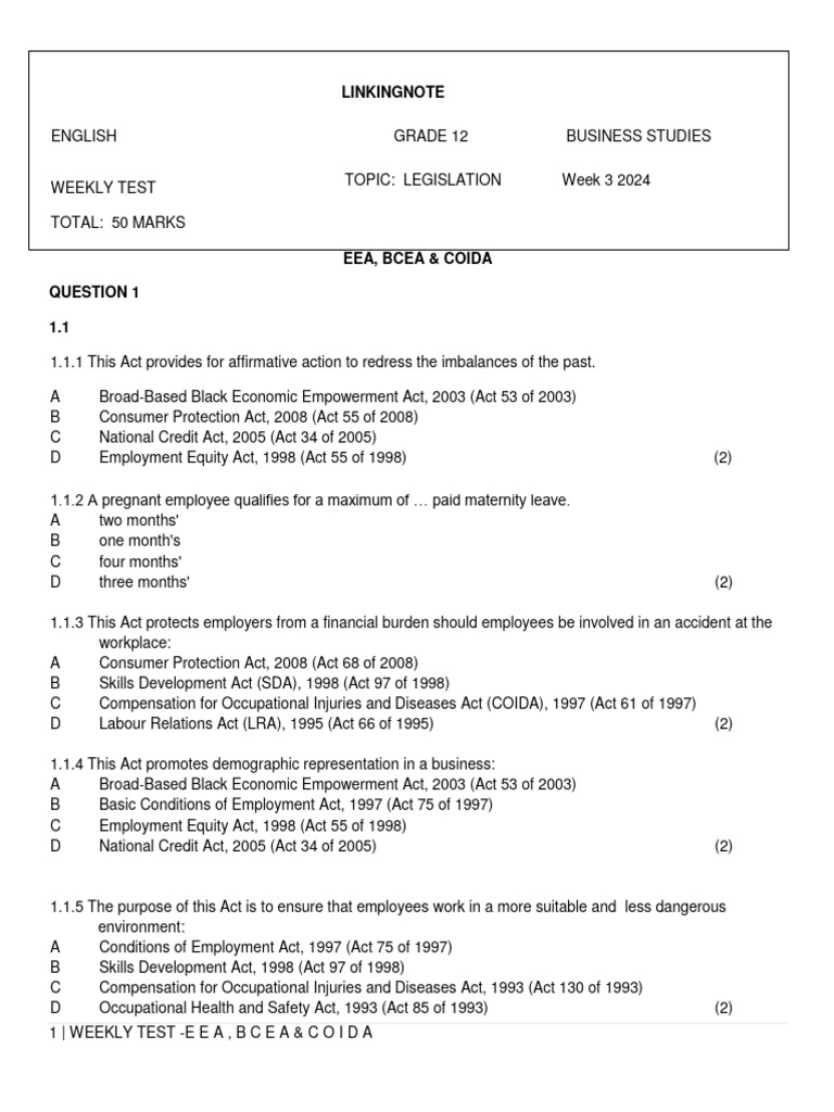 Weekly Test - Eea, Bcea, Coida-1 | PDF | Employment | Occupational ...