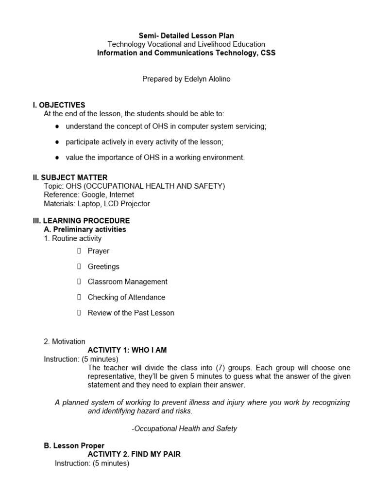 Semi- Detailed Lesson Plan | PDF | Lesson Plan | Occupational Safety ...