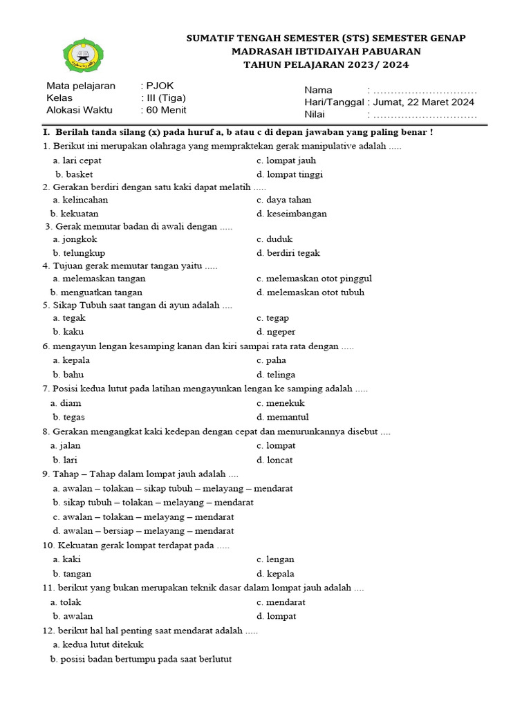 SOAL PTS 2 Mapel PJOK Kelas 3 | PDF