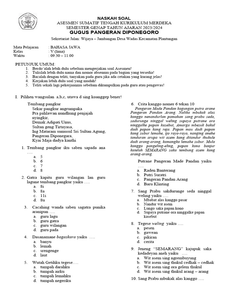 Bahasa Jawa Naskah Soal Ikm Asts KLS 5 2024 | PDF