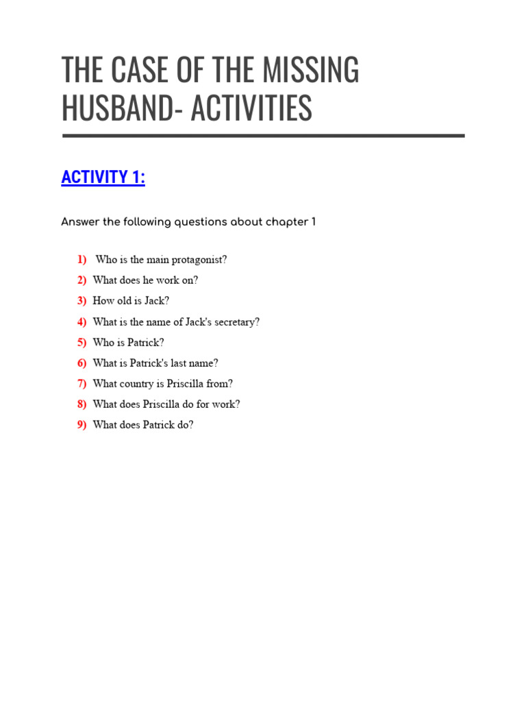 The Case of The Missing Husband - Activities | PDF