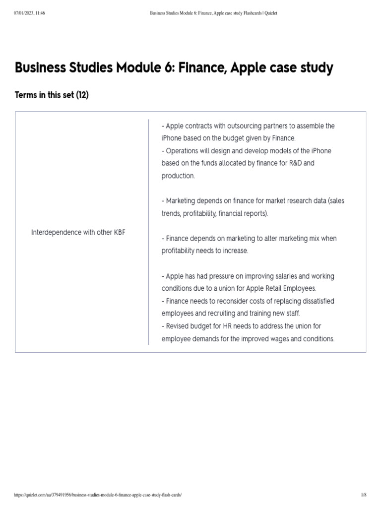 Business Studies Module 6 - Finance, Apple Case Study Flashcards ...