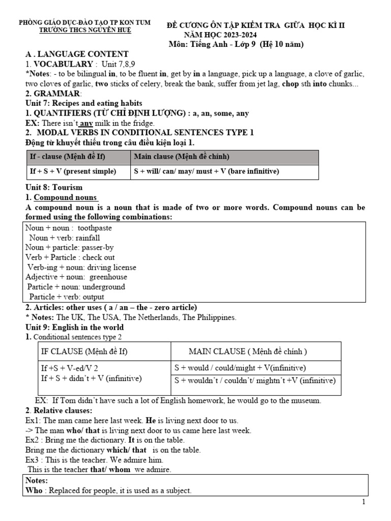 Đề Cương Ôn Tập Giữa Kì 2 E 9 -10 Nam NH 2023-2024- HUONG | PDF ...