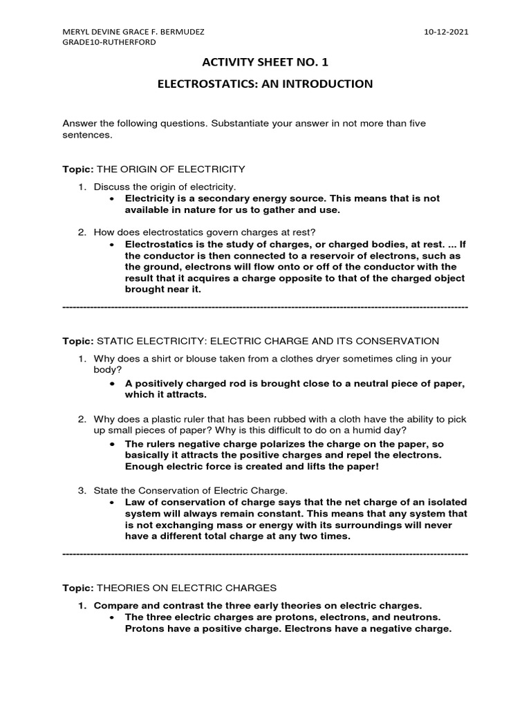 Activity Sheet No. 1 Electrostatics An Introduction | PDF | Electric ...