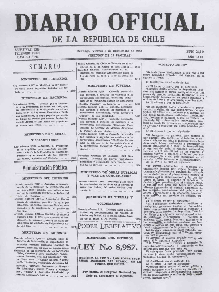 Diario Oficial - 1948.09.03 - Ley Maldita | PDF | Fiscal | Gobierno